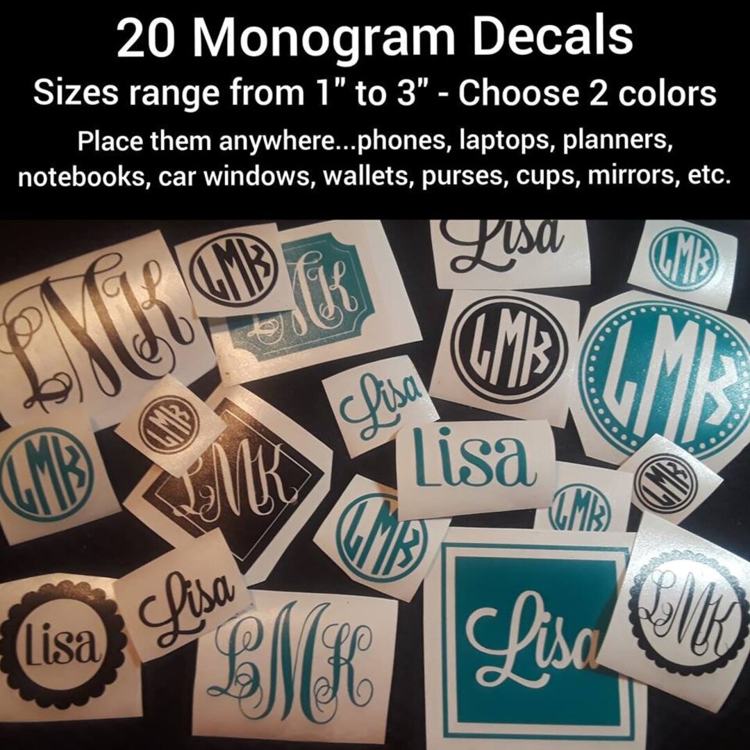 MONOGRAM DECALS - 20 Different Varieties & Sizes (ranging From 1" to 3 ...
