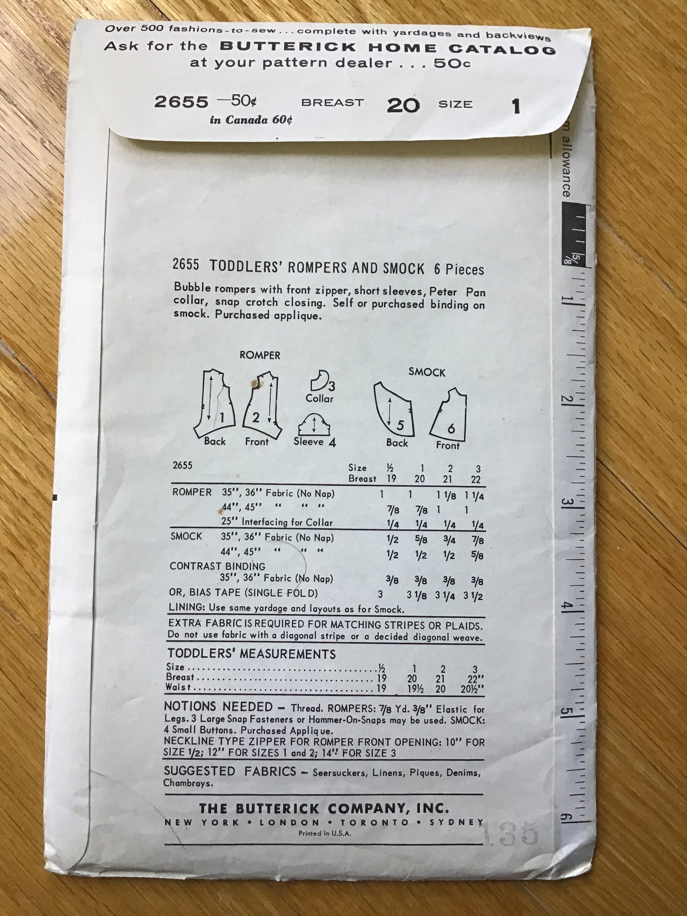 Toddlers Rompers and Smock Pattern Butterick 2655 Breast 20 - Etsy