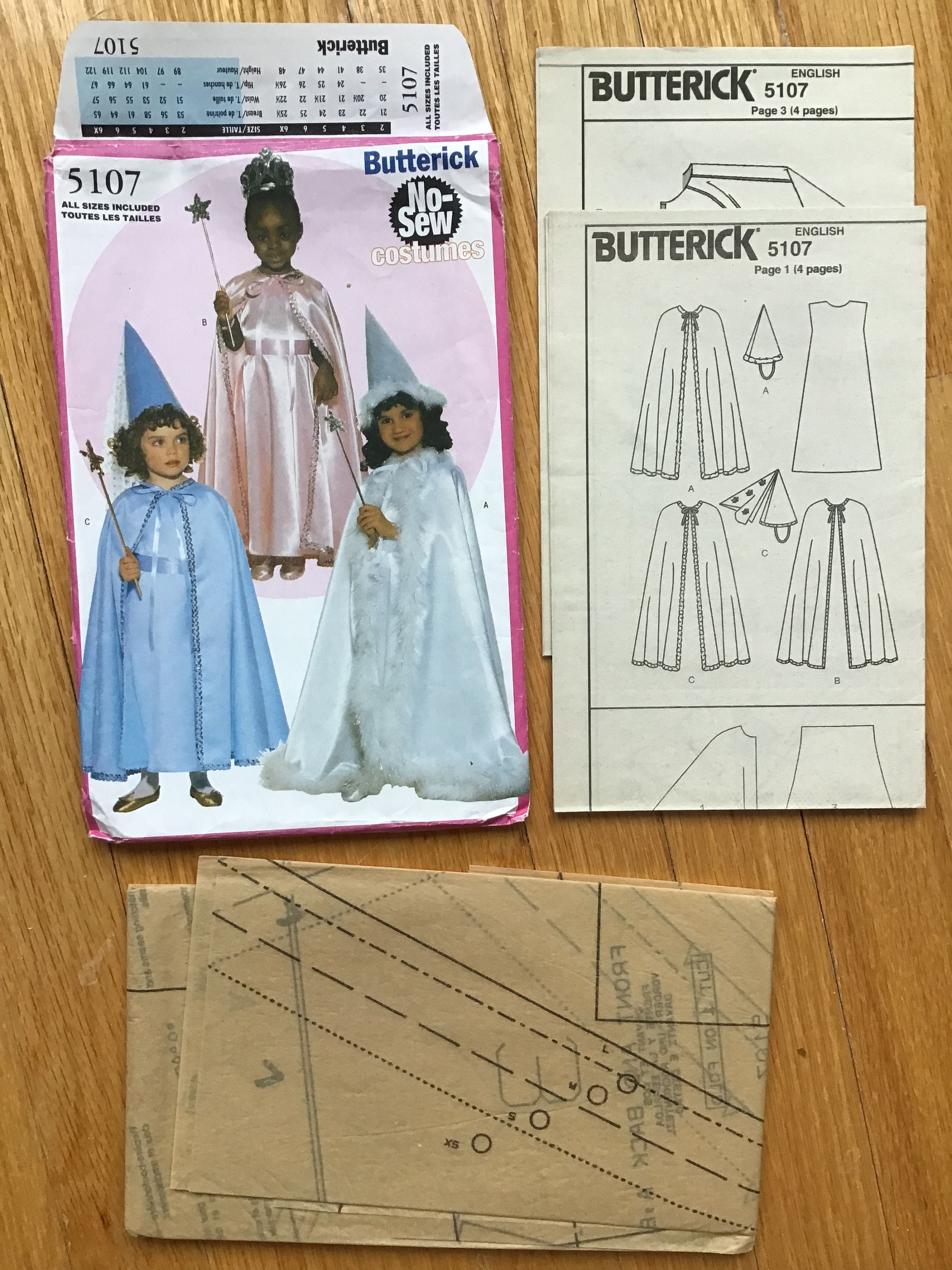 Childrens No-sew Princess Costume Pattern Butterick 5107 Size XS S M L ...