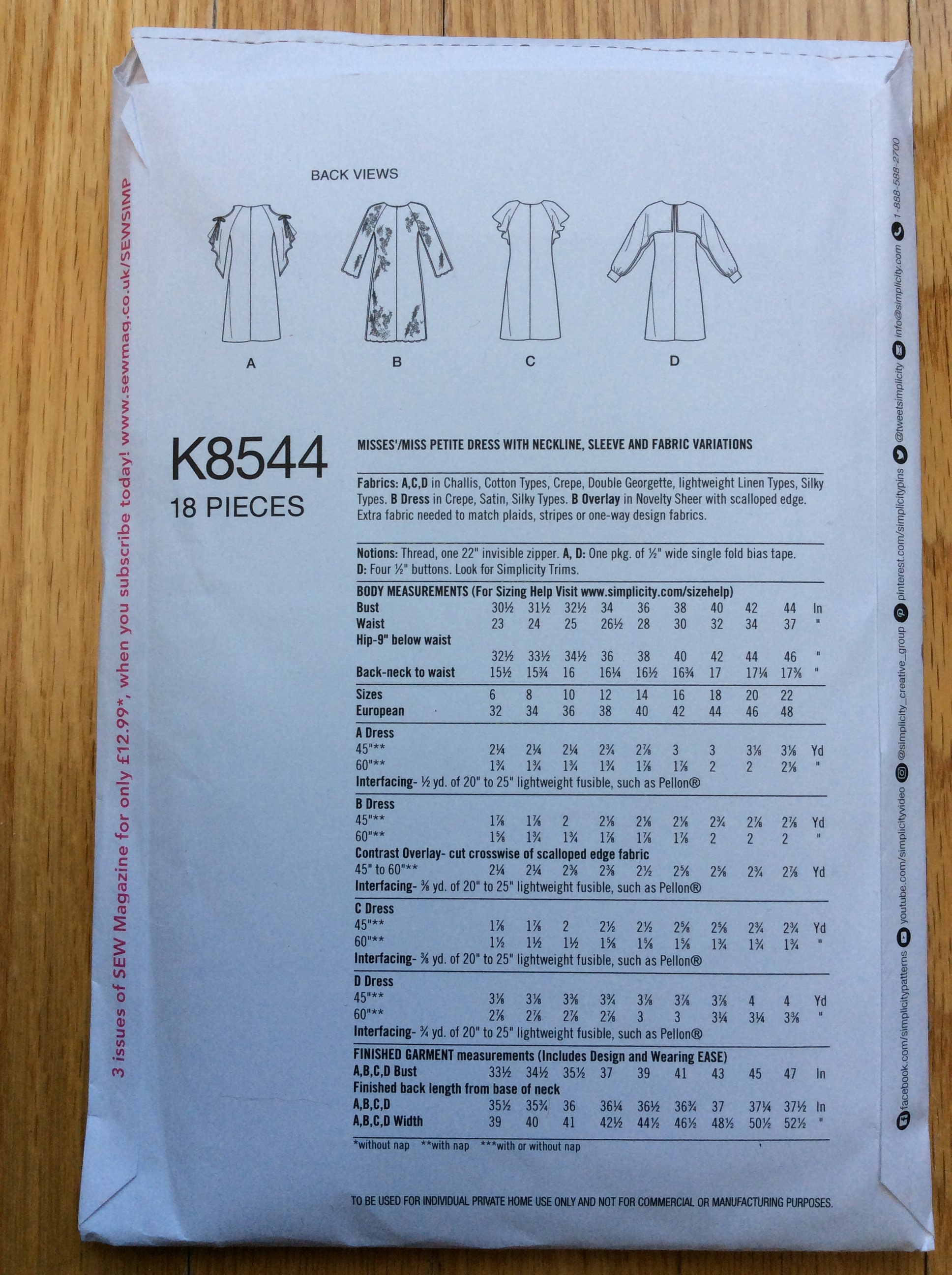 Misses Dress Pattern Sleeve Variations Simplicity 8544 UNCUT - Etsy Canada