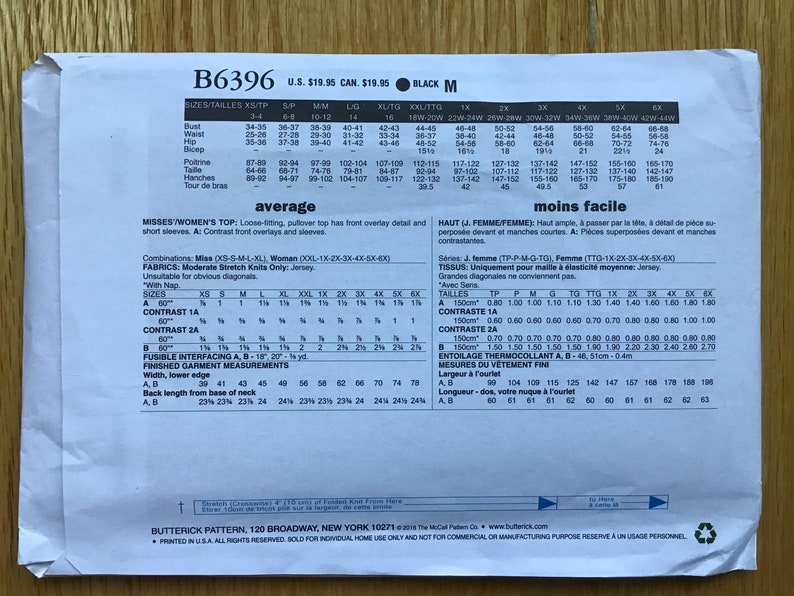 Plus Size Tops Pattern Butterick 6396 XXL 1X 2X 3X 4X 5X 6X UNCUT - Etsy