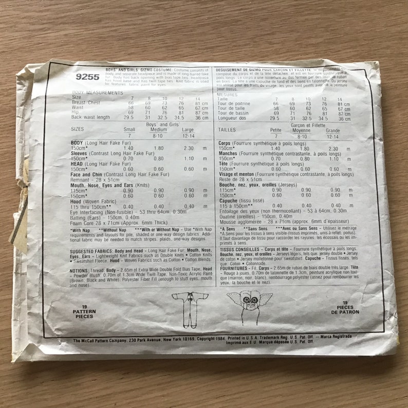 Gremlins Gizmo Costume Pattern Children Size Medium Mccalls 9255 Boys ...