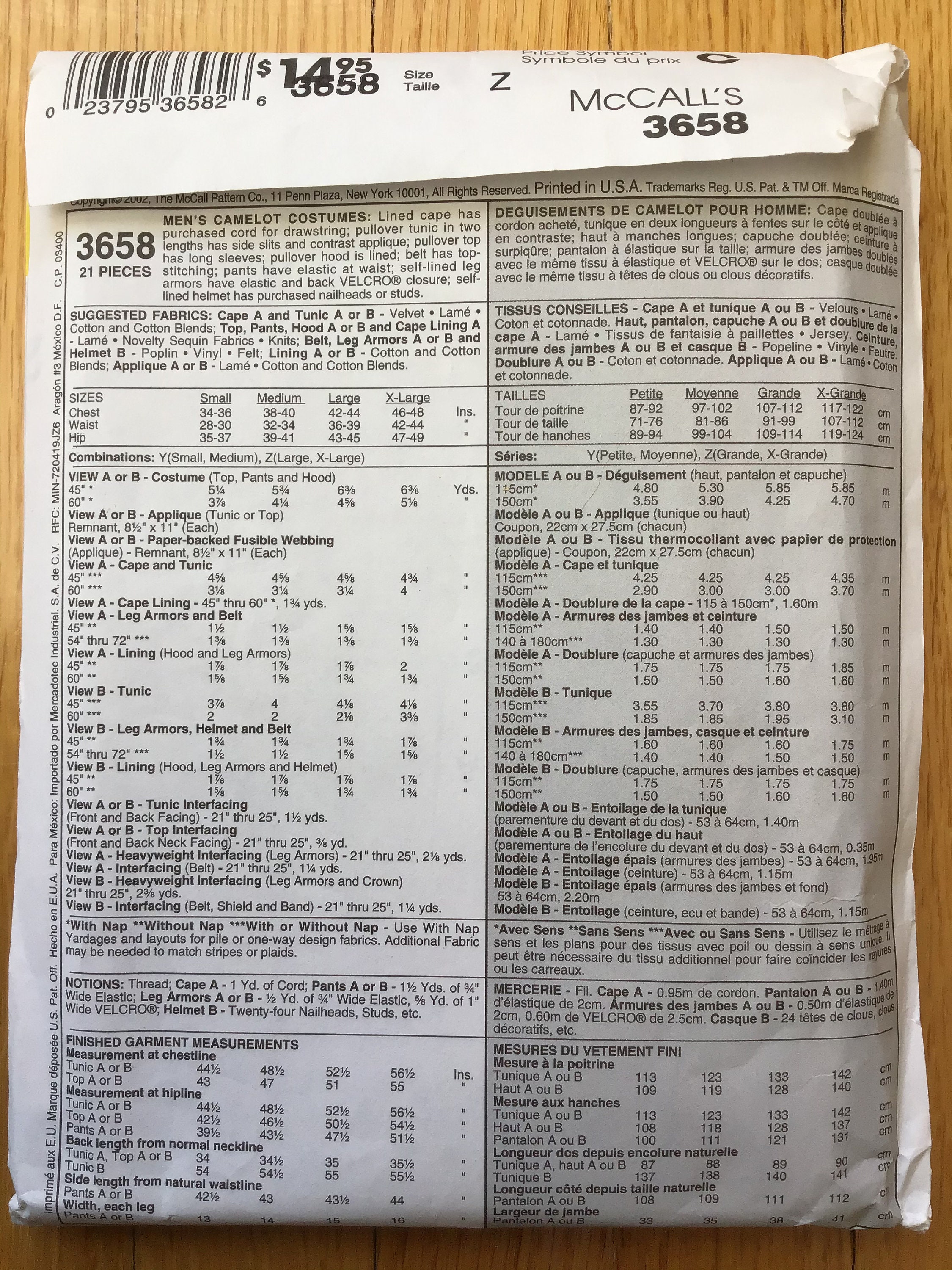 Mens Camelot Costume Pattern Size Large Extra Large UNCUT Mccalls 3658 ...