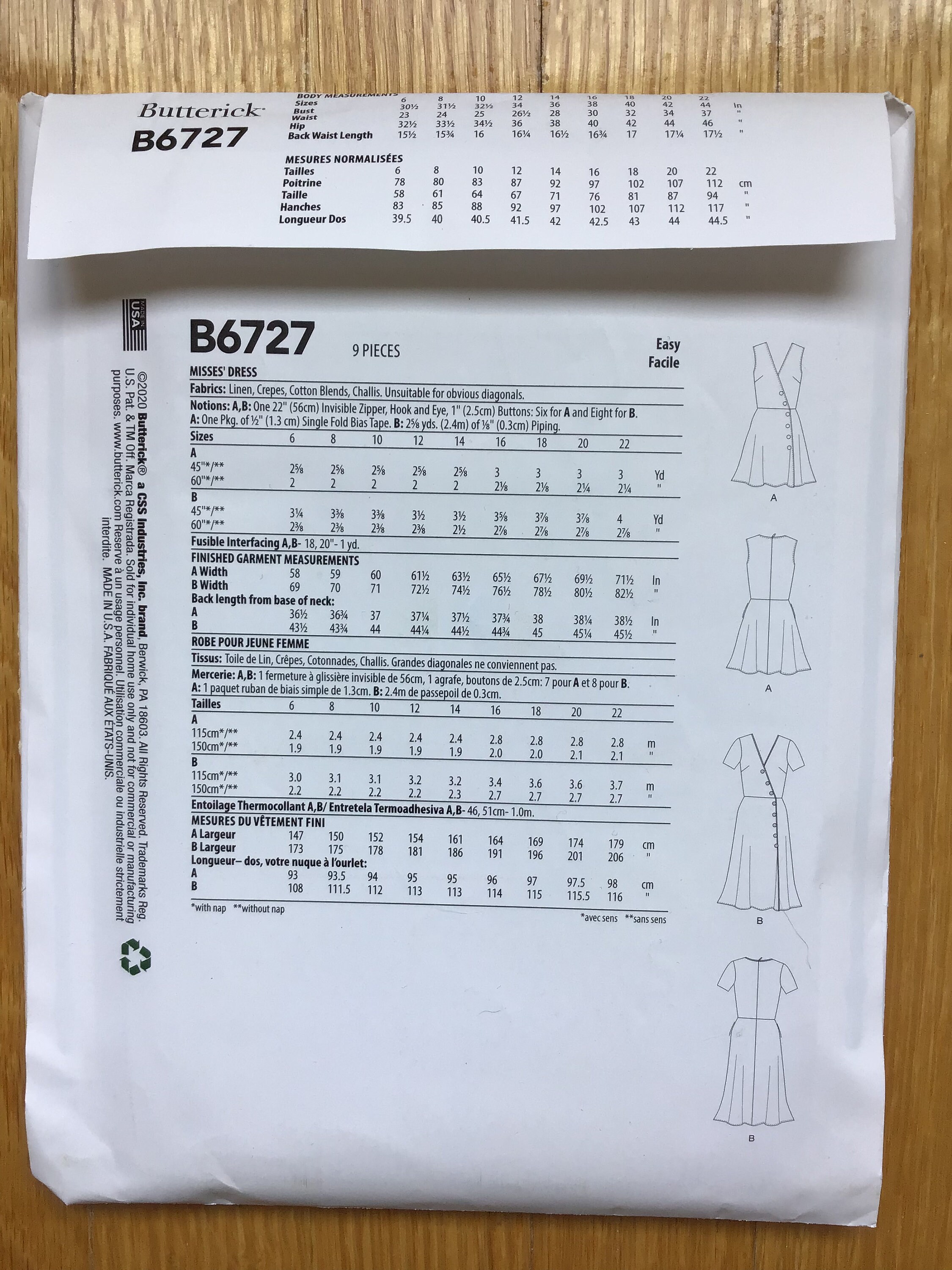 Misses Mock Button Front Dress Pattern Butterick 6727 Size 6 22 UNCUT ...