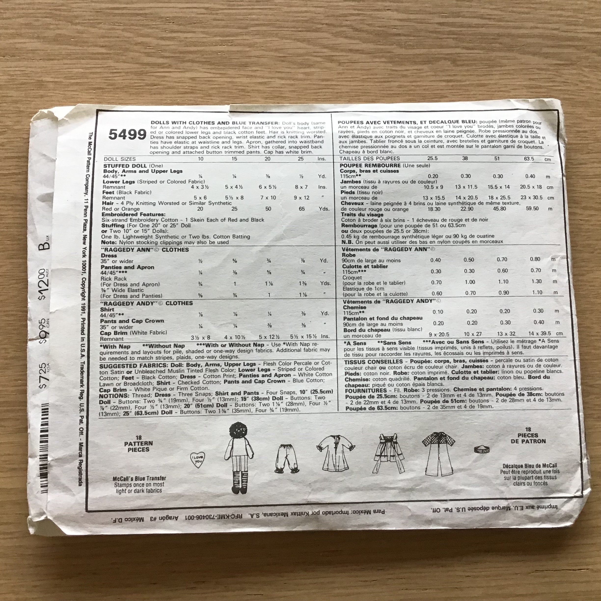 Raggedy Ann and Andy Pattern Vintage Toys Mccalls 5499 UNCUT 10 15 20 ...
