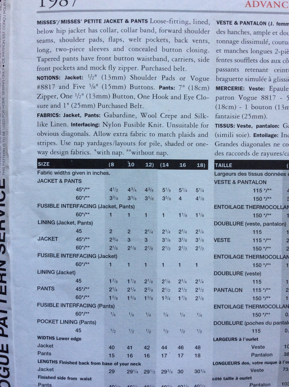 Calvin Klein Jacket and Pants Pattern Misses Vogue American | Etsy