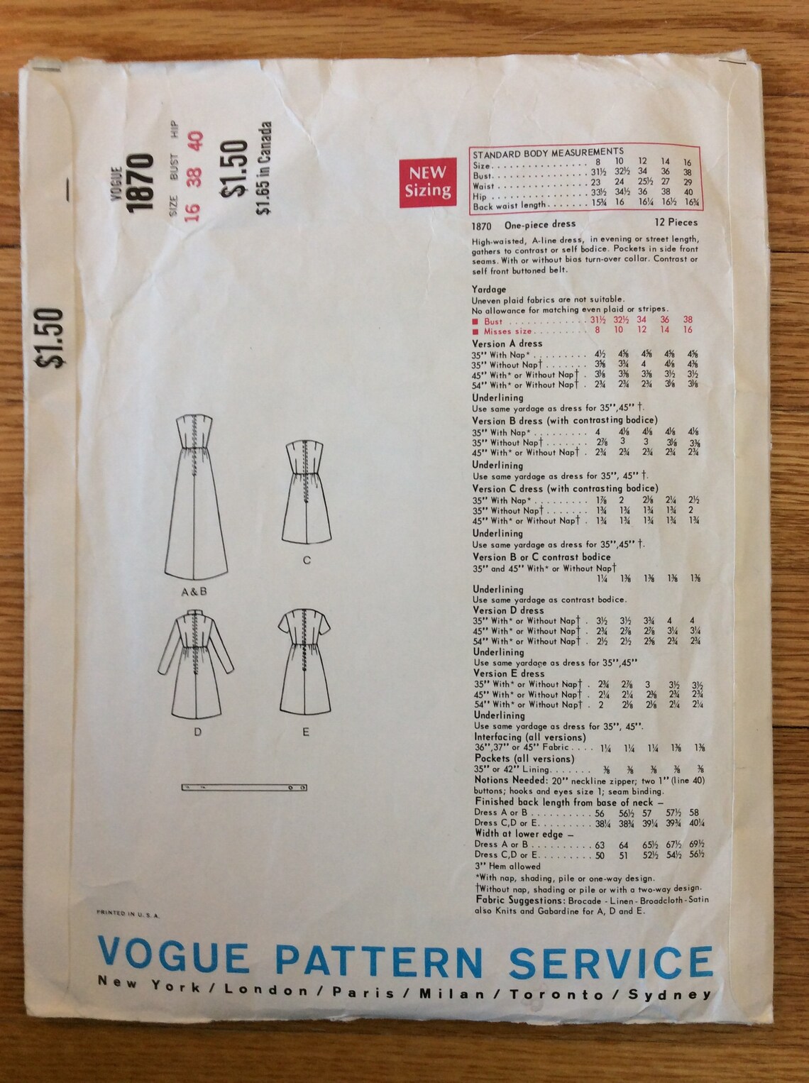 Misses Dress Pattern Vogue Basic Design 1870 Bust 38 Hip 40 | Etsy