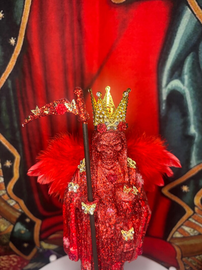 Red Santa Muerte Statue With Wings Crown Owl Love Passion
