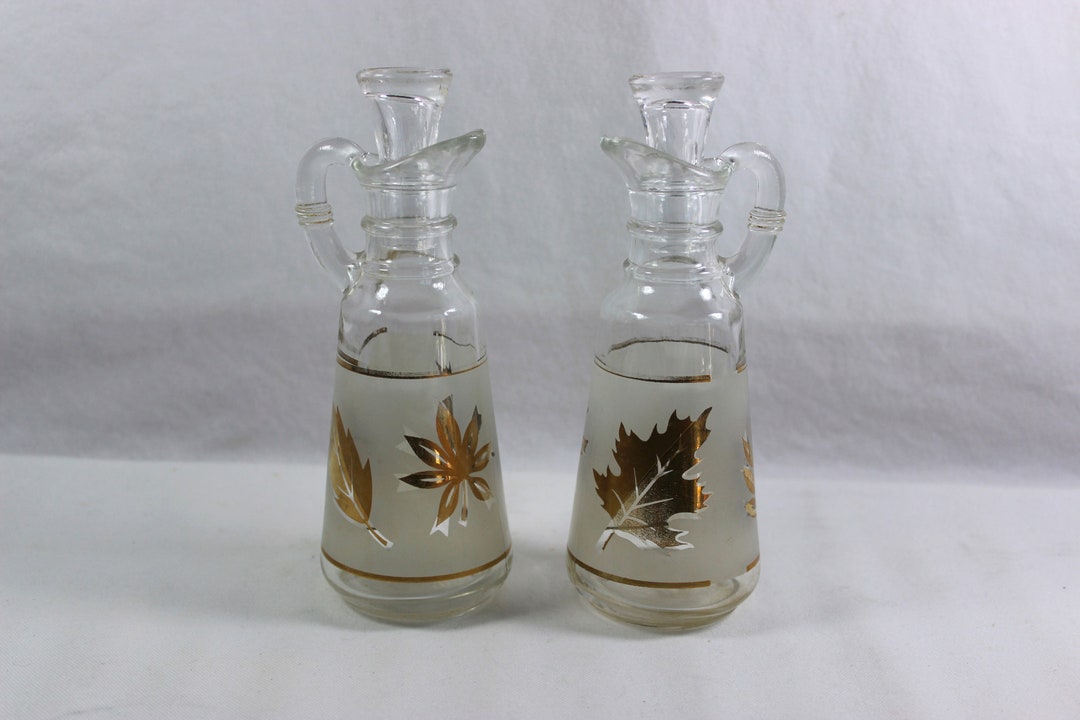 Vintage Anchor Hocking Glass Starlyte Gold Leaf Cruet Set Oil Vinegar ...