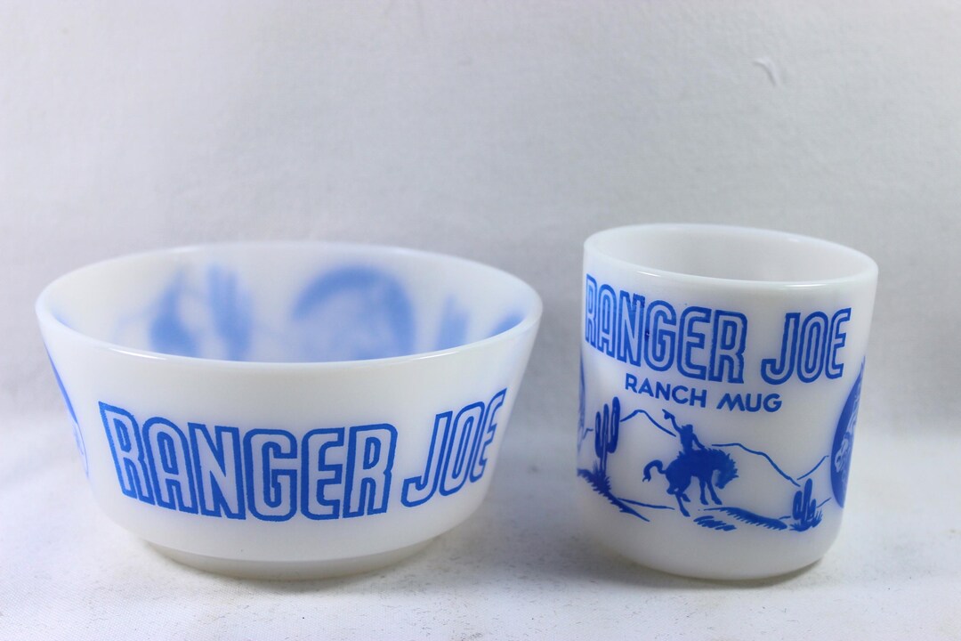 Vintage Hazel Atlas Ranger Joe Round-up Bowl and Mug Set Blue and White ...