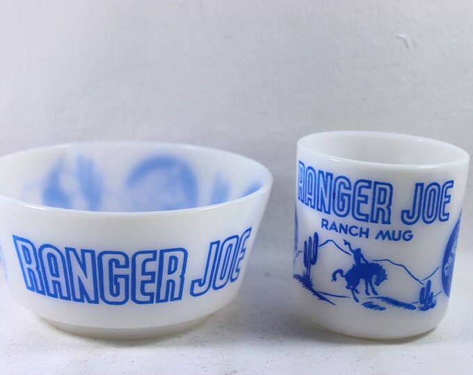 Vintage Hazel Atlas Ranger Joe Round-up Bowl and Mug Set Blue and White ...