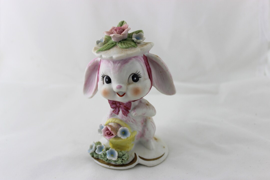 Vintage Ceramic Easter Bunny Figurine With Basket and Bonnet - Etsy