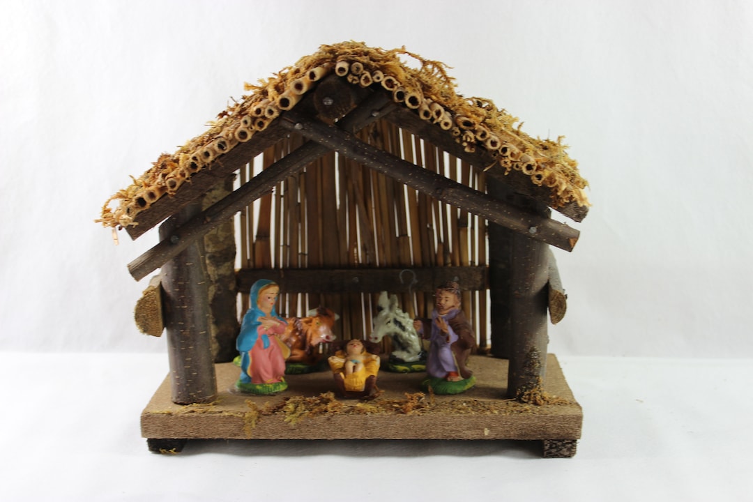 Vintage Rustic Nativity Set With Wooden Manger Nativity Set Made in ...