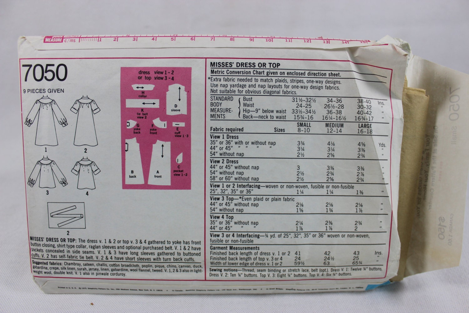 Simplicity 7050 Sewing Pattern 1970's Dress or Top Size Small 8-10 ...