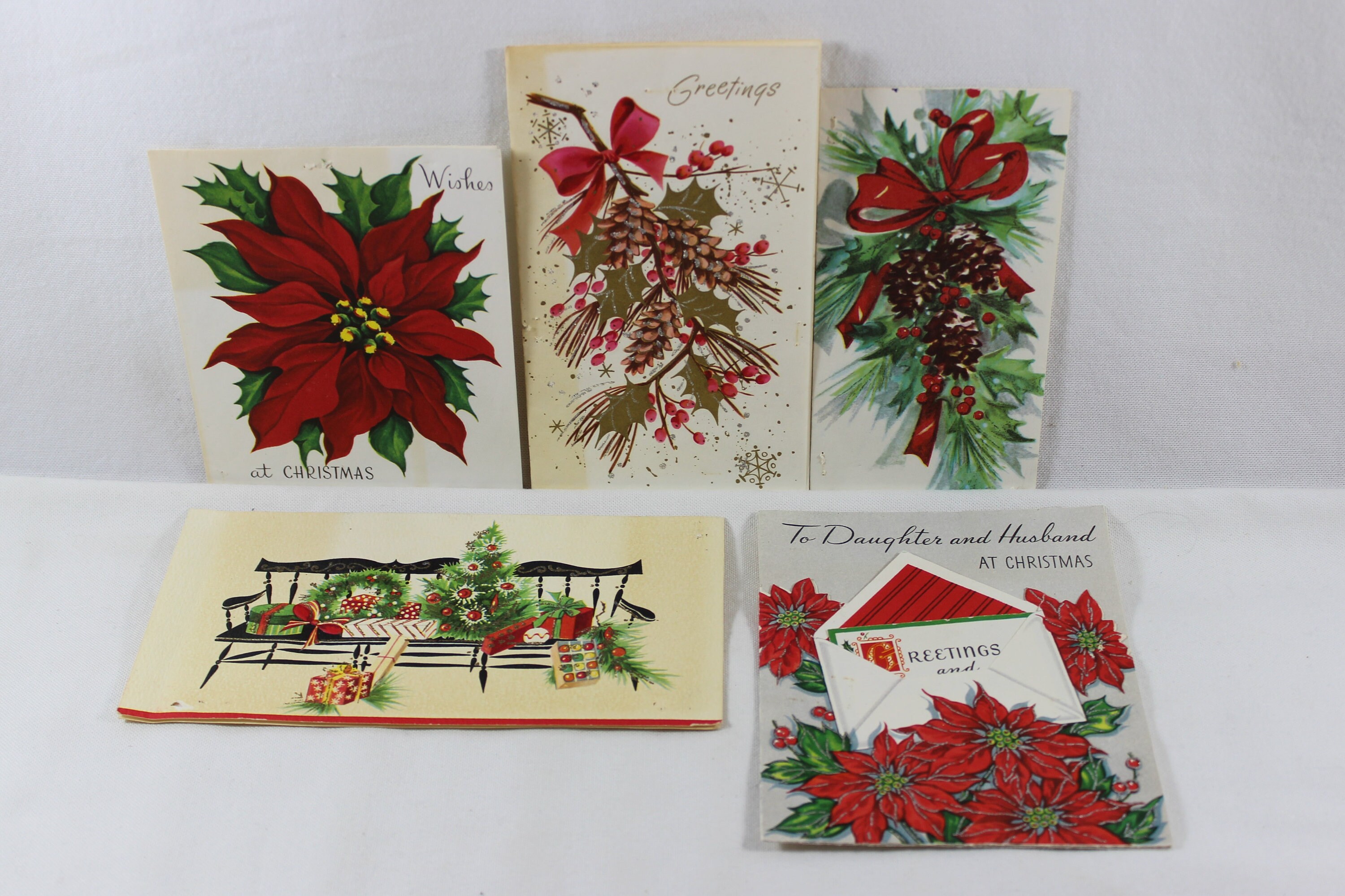 5 Vintage Mid-century Christmas Cards With Holly, Pine Cones ...