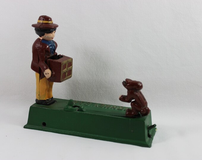 Vintage “monkey Bank” Mechanical Cast Iron Coin Bank - Etsy
