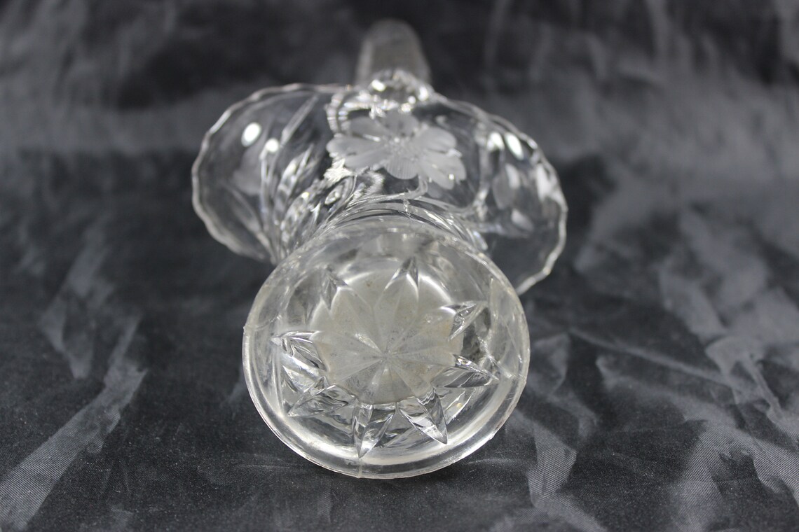 Vintage Small Flower Etched Pressed Glass Basket With Handle - Etsy