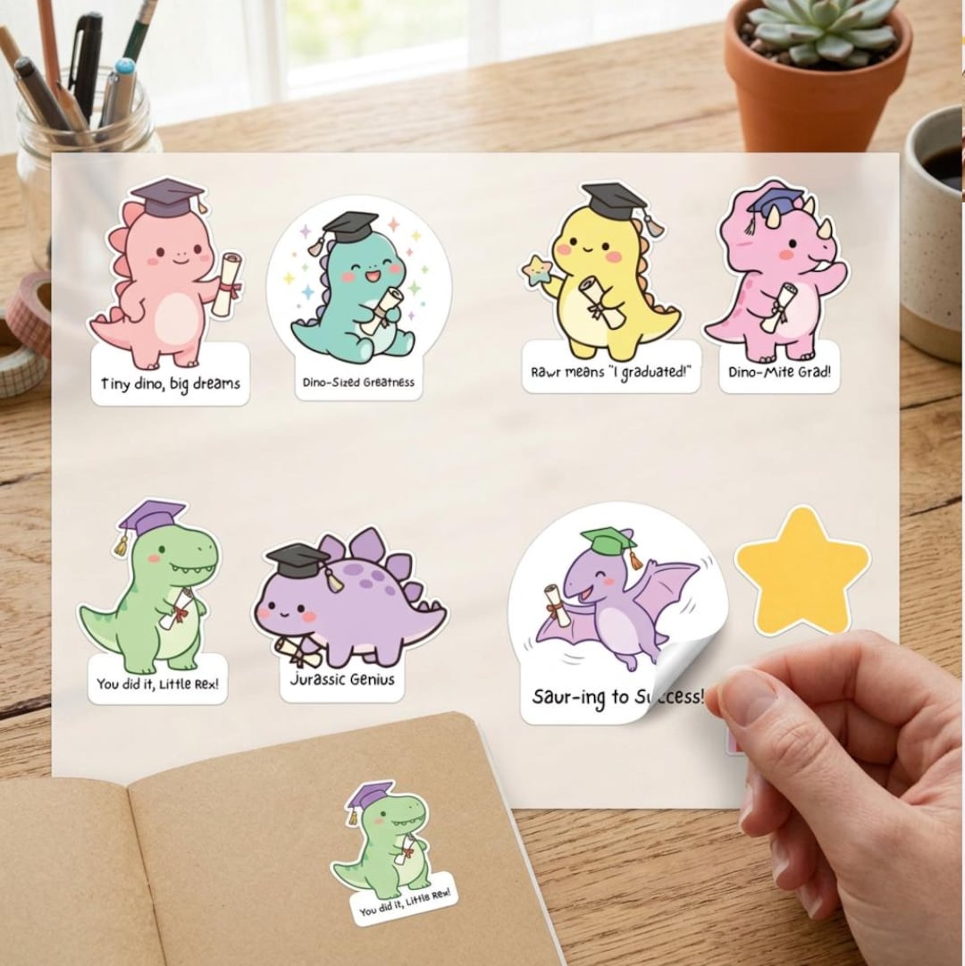 Graduation Dinosaur Stickers | Pastel Dinos, Caps, Diplomas (vinyl ...