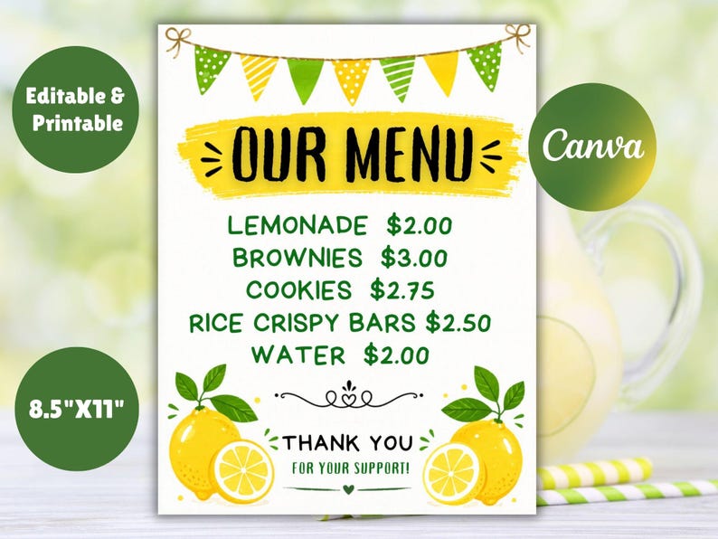 Editable Lemonade Stand Menu Printable, Kids Lemonade Pricing Sign ...