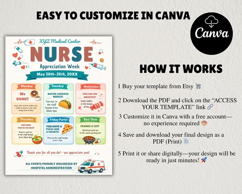 Editable Nurse Appreciation Week Flyer | Nursing Itinerary Template ...