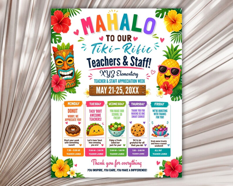 Hawaiian Luau Teacher & Staff Appreciation Week Beach Itinerary Flyer ...