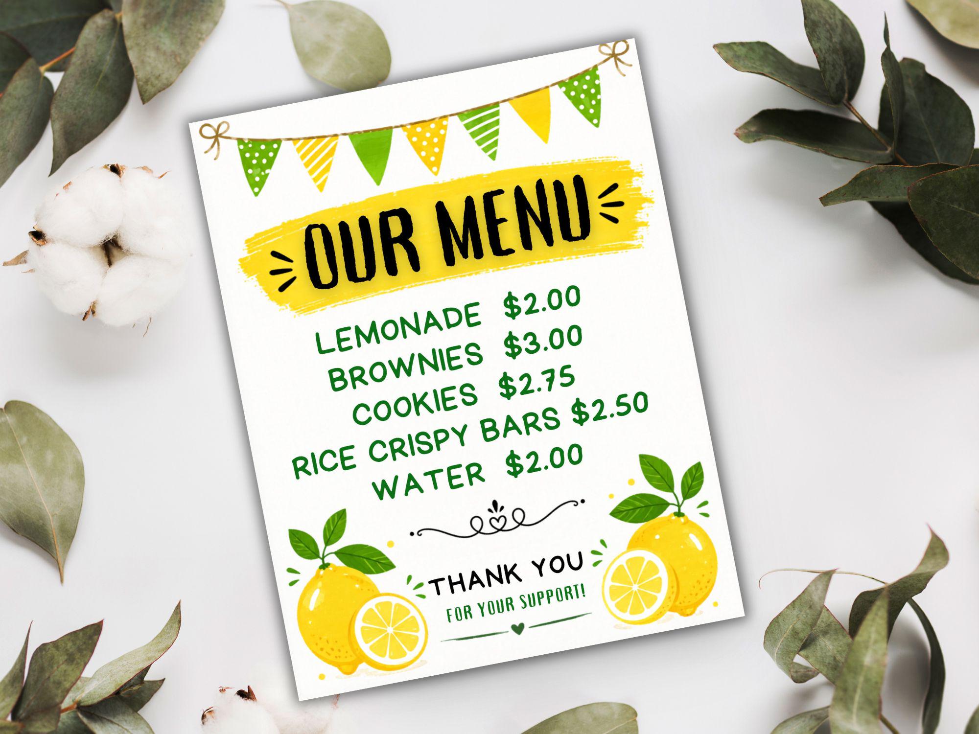 Editable Lemonade Stand Menu Printable, Kids Lemonade Pricing Sign ...