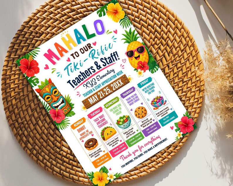 Hawaiian Luau Teacher & Staff Appreciation Week Beach Itinerary Flyer ...