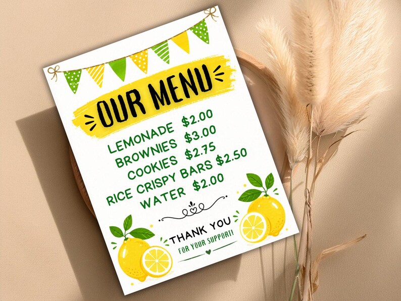 Editable Lemonade Stand Menu Printable, Kids Lemonade Pricing Sign ...