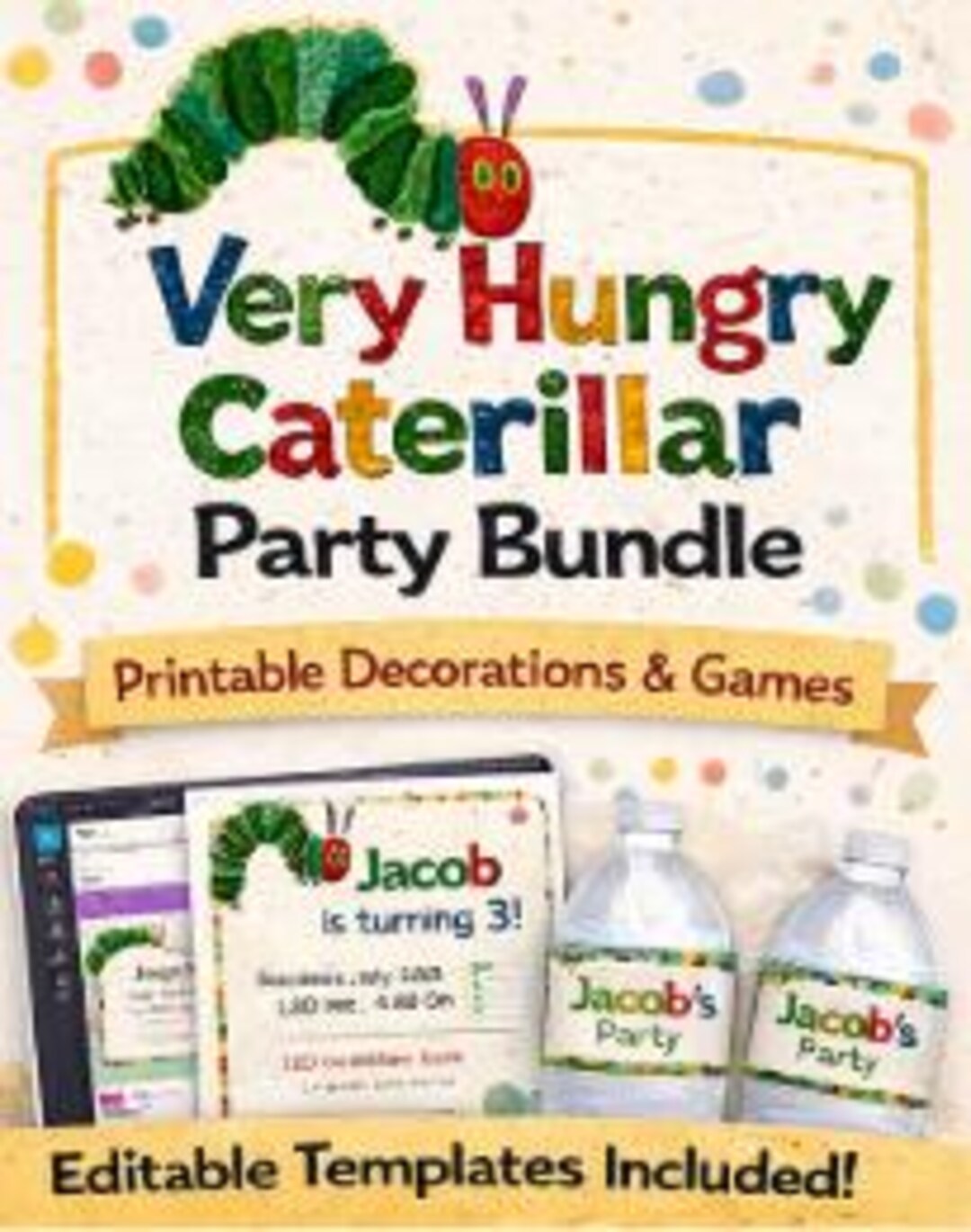 Very Hungry Caterpillar Birthday Party Bundle, Editable Invitation ...