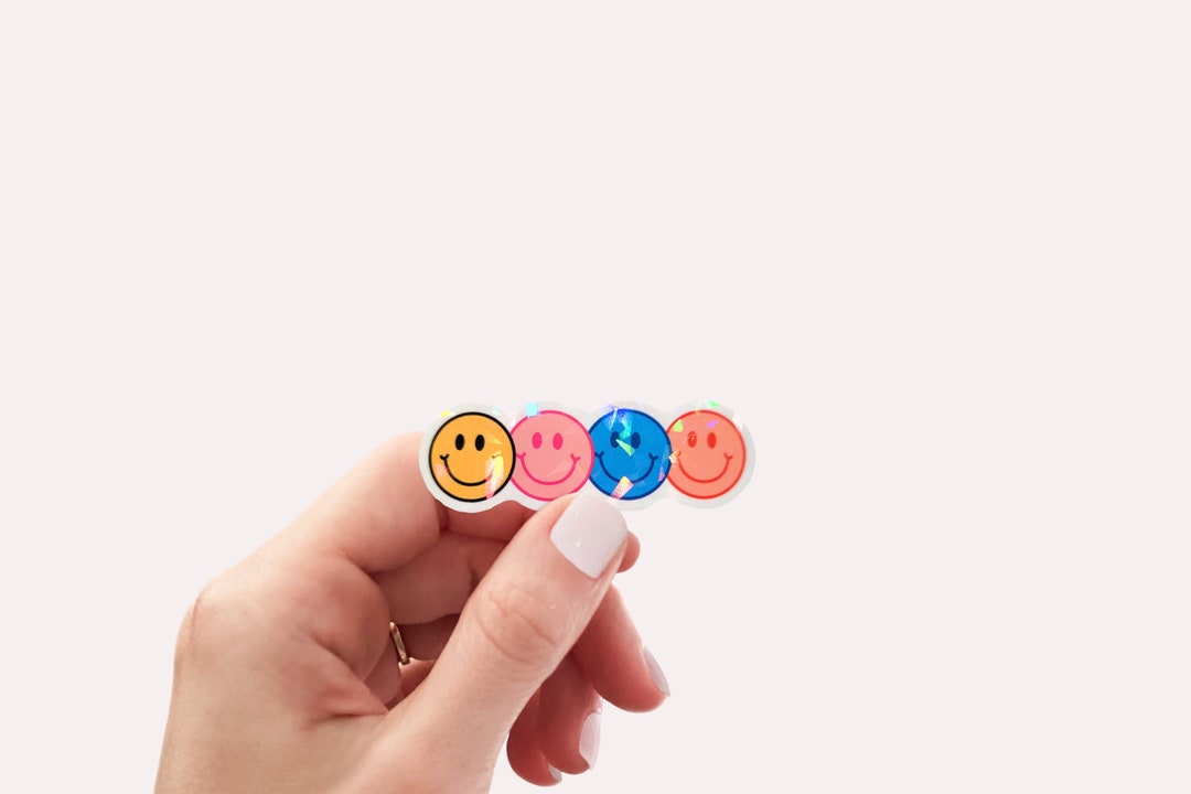 Smiley Face Row Color Holographic Sticker, Reflective Pink Smile ...