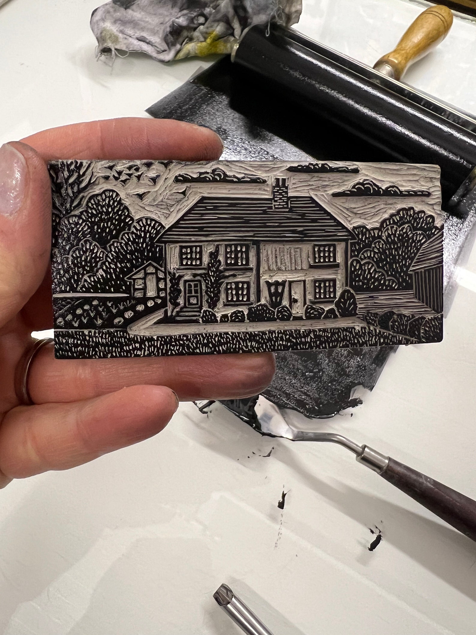Cottage Farmhouse Linocut Mini Print - Landscape Print - Linoblock - Etsy