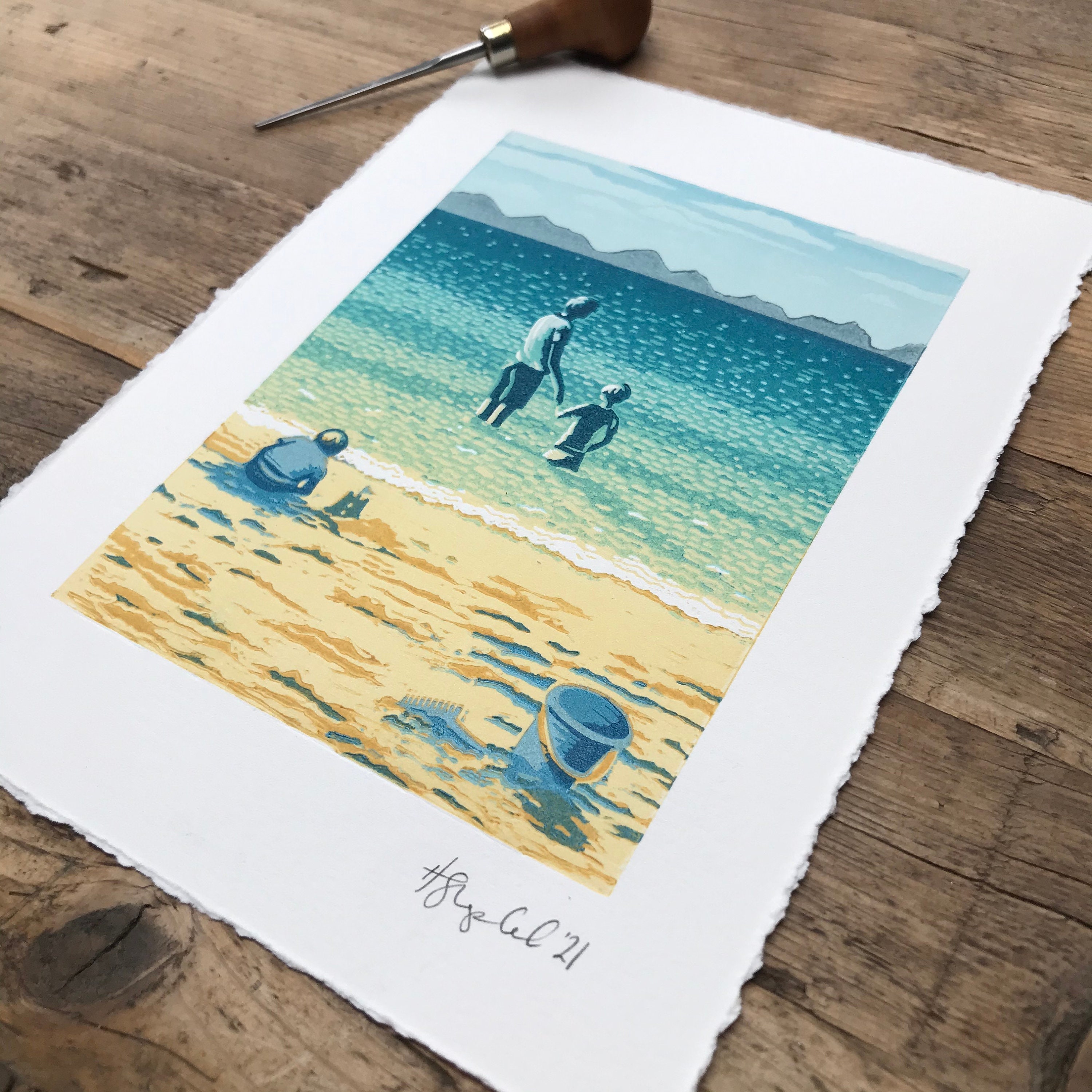 Beach Linocut Print - Reduction Linoblock - Father and Sons , Fathers ...