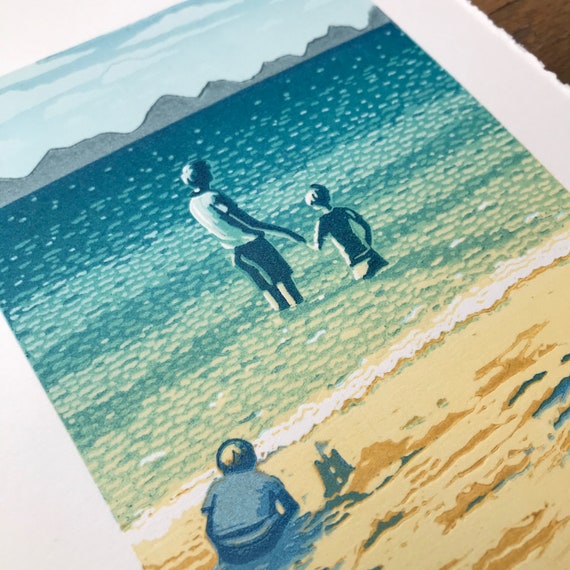 Beach Linocut Print Reduction Linoblock Father and Sons | Etsy