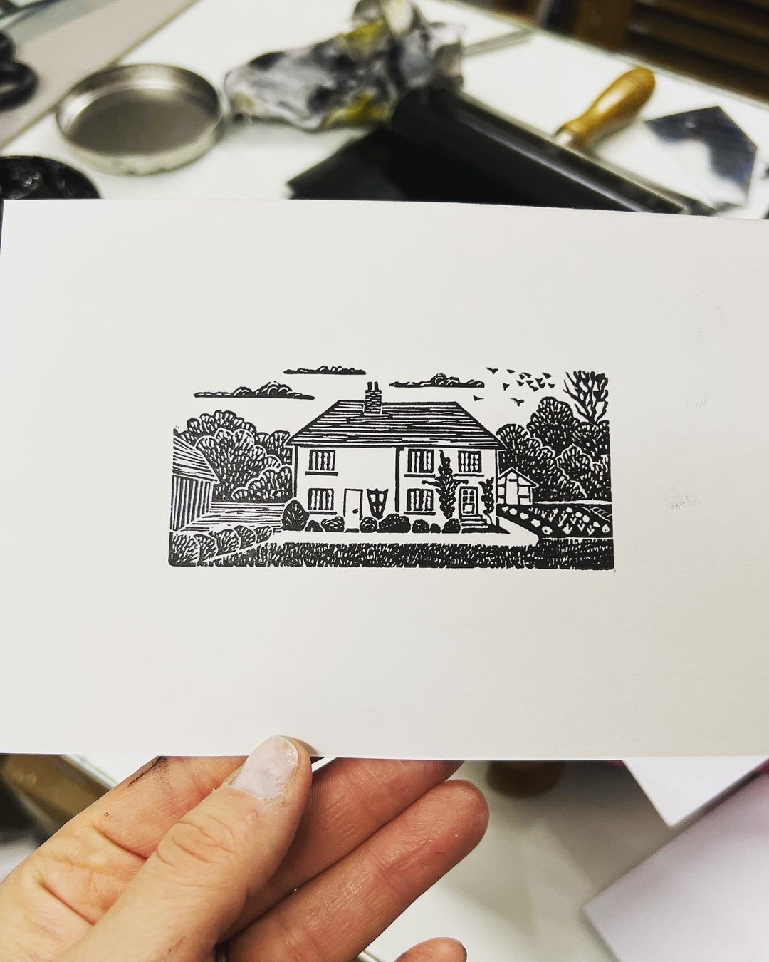 Cottage Farmhouse Linocut Mini Print - Landscape Print - Linoblock - Etsy
