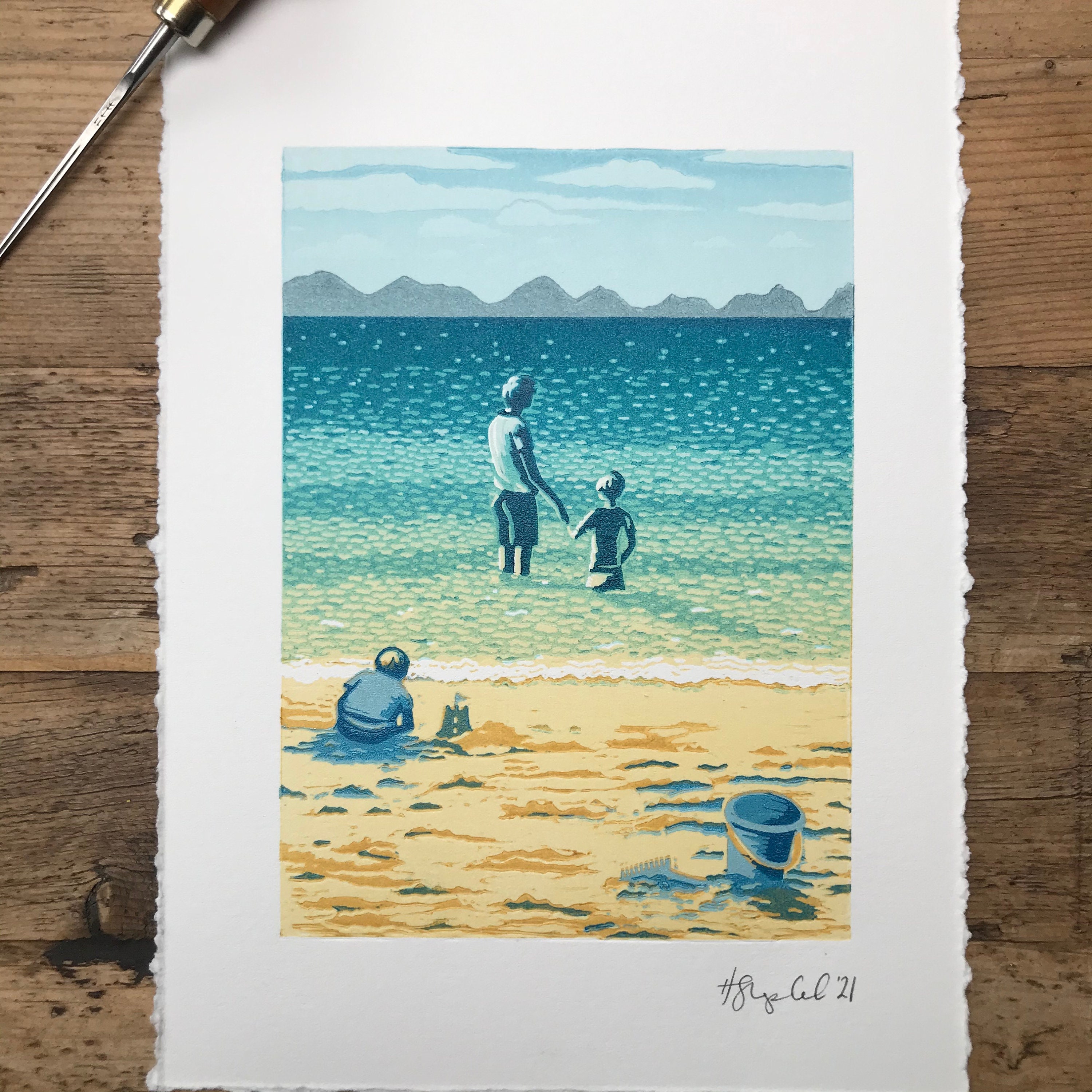 Beach Linocut Print - Reduction Linoblock - Father and Sons , Fathers ...