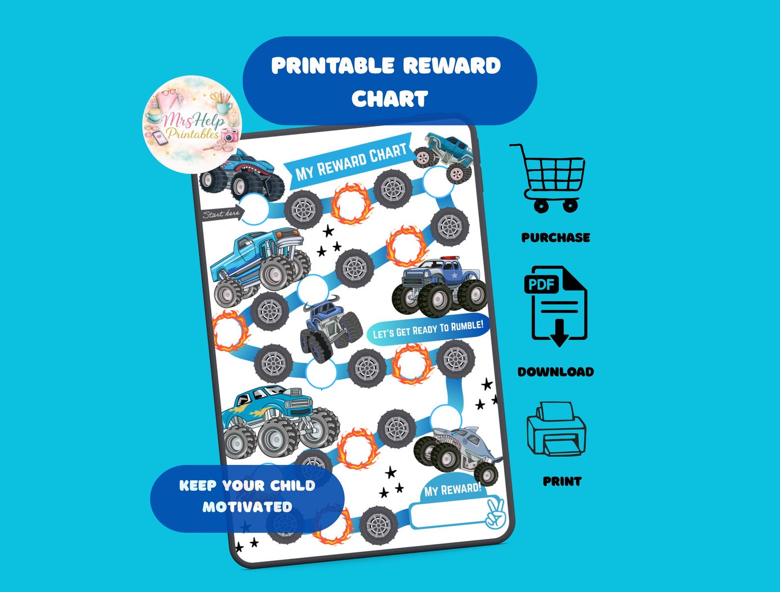Monster Truck Reward Chart for Boys, Kids Behavior Tracking (digital ...