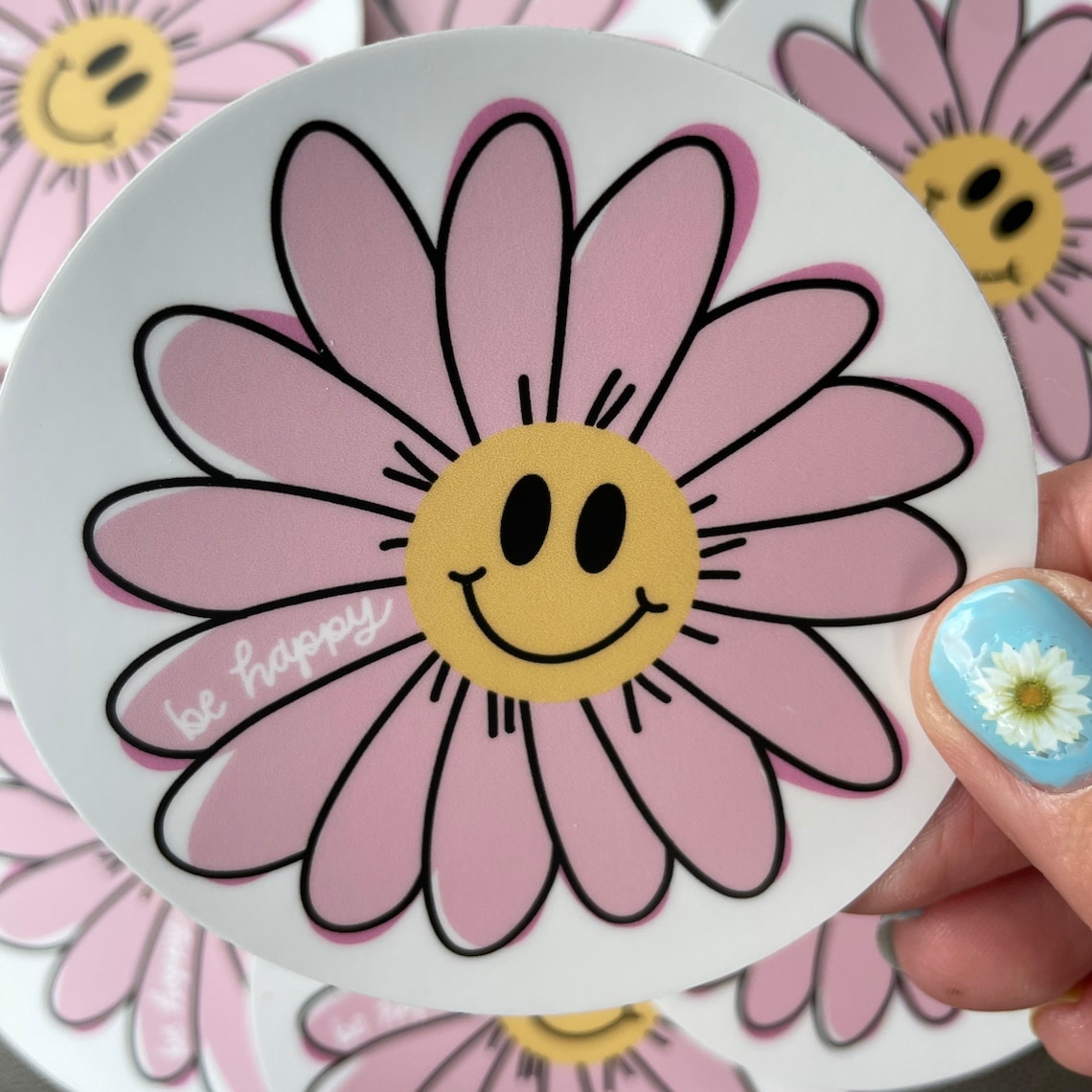 Be Happy Flower Sticker - Etsy