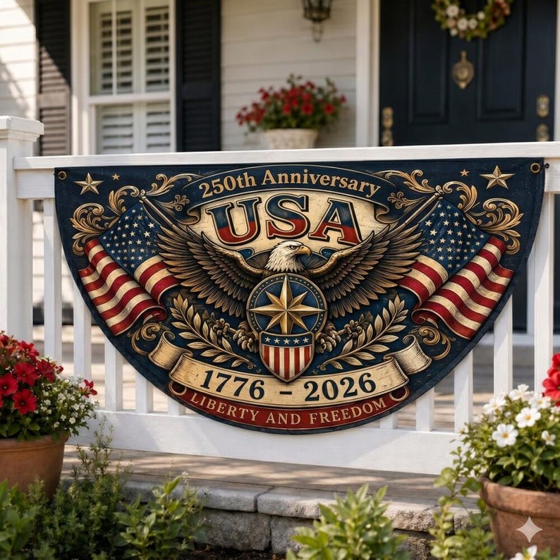 American 250th Anniversary Flag, Vintage Eagle 4th of July USA Fence ...