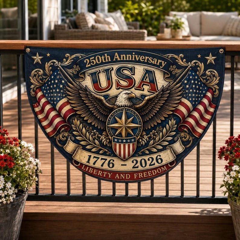 American 250th Anniversary Flag, Vintage Eagle 4th of July USA Fence ...