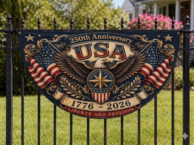 American 250th Anniversary Flag, Vintage Eagle 4th of July USA Fence ...