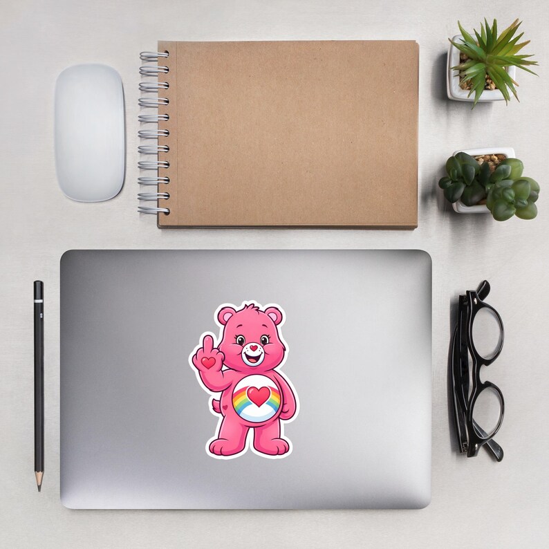 Pink Heart Middle Finger Teddy Bear Cartoon Illustrated Bubble-free ...