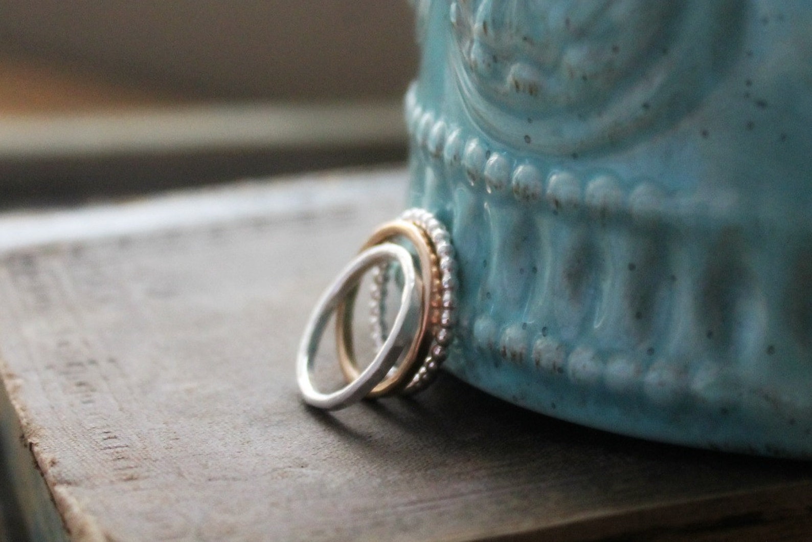 Silver and Gold Stacking Ring Set Hammered and Beaded Dot - Etsy