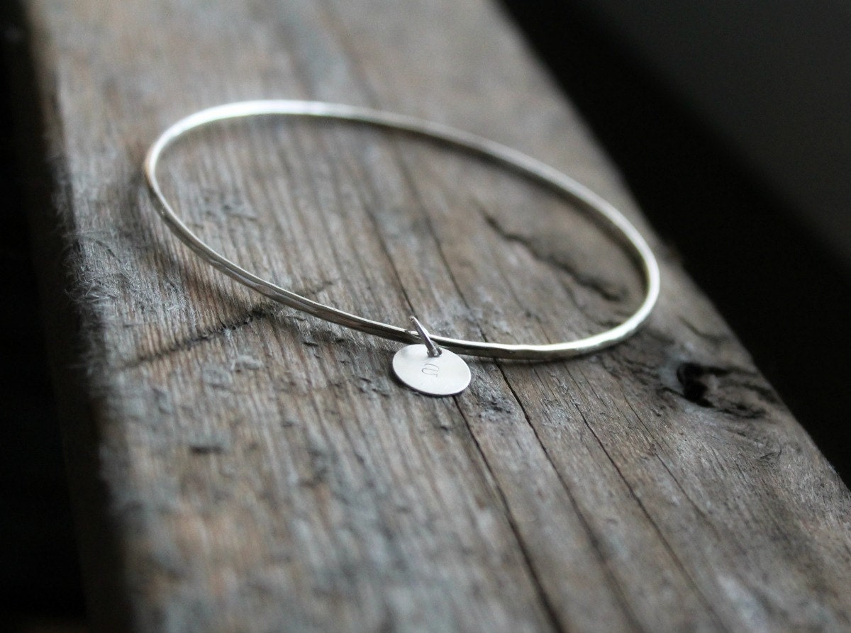 Silver Charm Bangle, Bangle Bracelet, Hammered Silver, Initial Charm ...