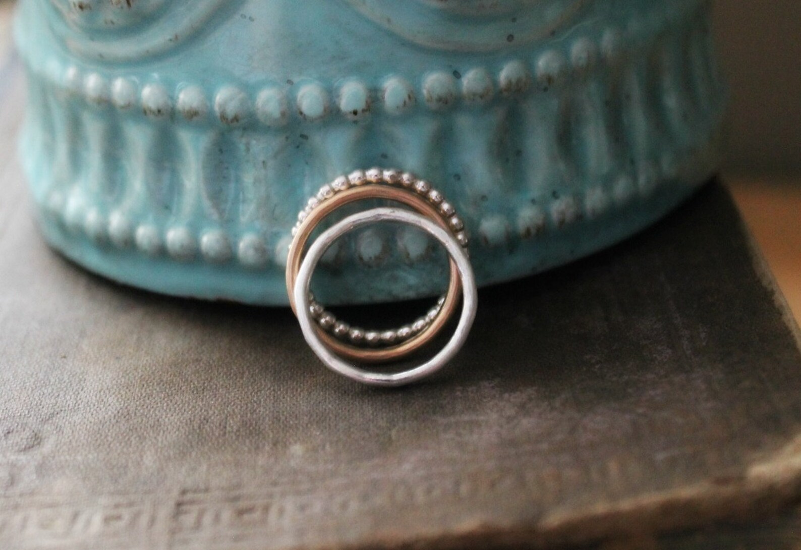Silver and Gold Stacking Ring Set Hammered and Beaded Dot - Etsy