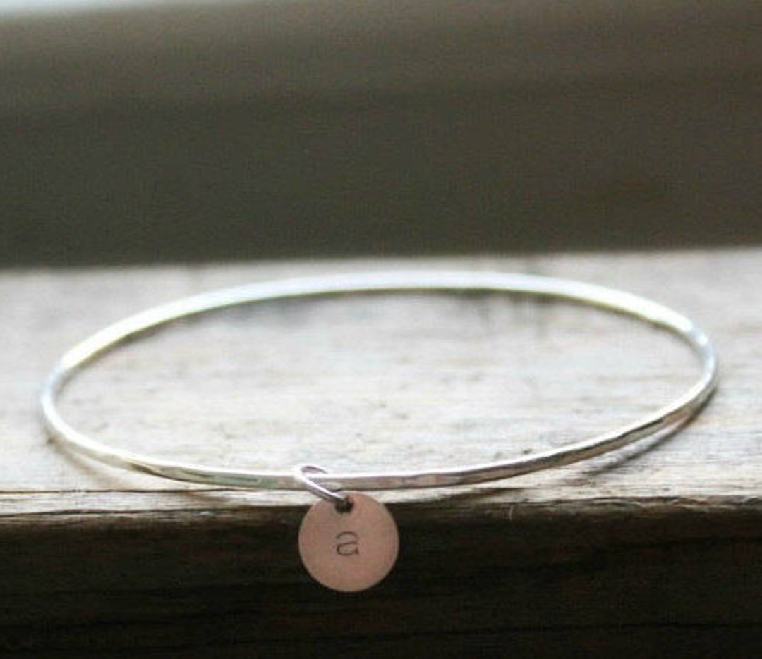 Silver Charm Bangle, Bangle Bracelet, Hammered Silver, Initial Charm ...