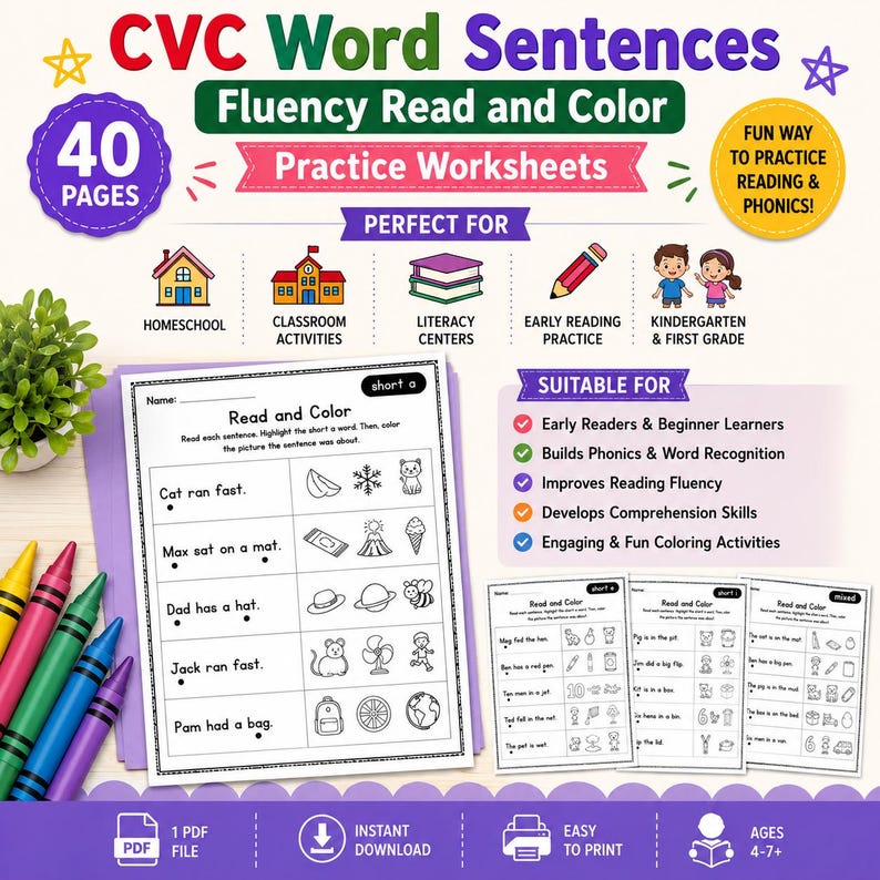 CVC Word Sentences Worksheets | Fluency Read and Color Activities ...