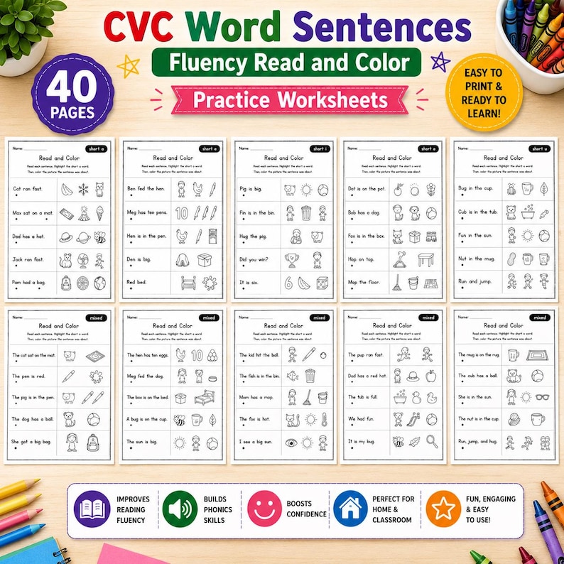 CVC Word Sentences Worksheets | Fluency Read and Color Activities ...