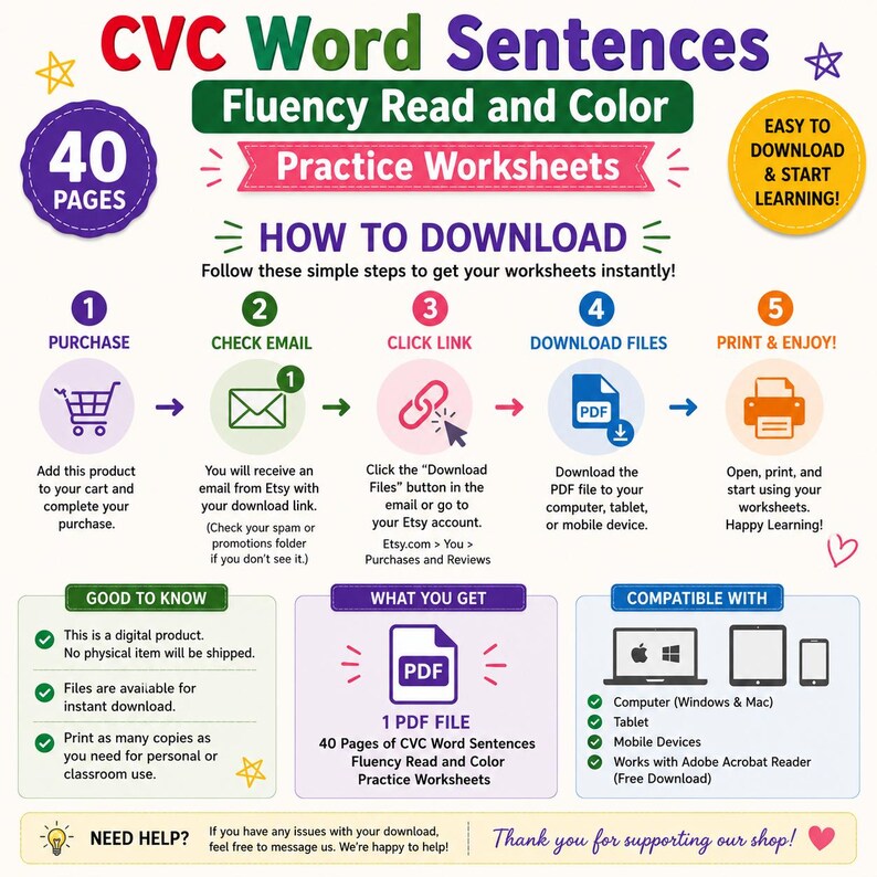 CVC Word Sentences Worksheets | Fluency Read and Color Activities ...