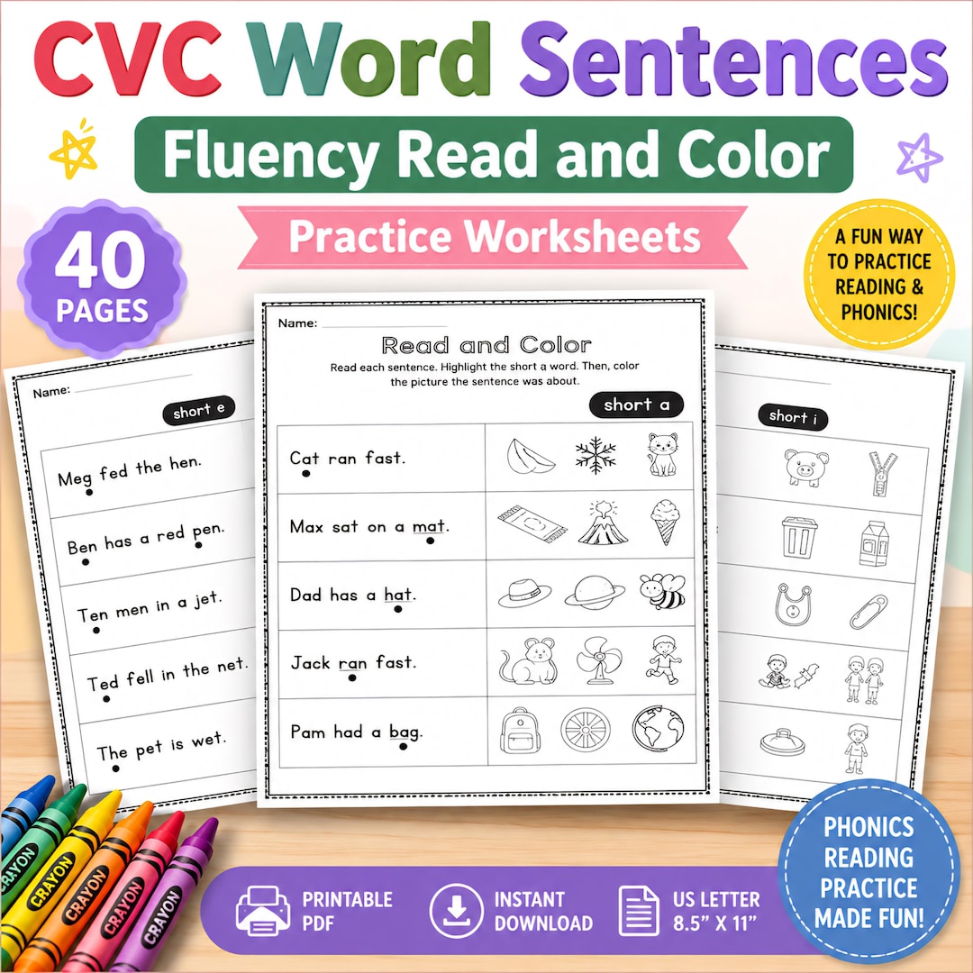CVC Word Sentences Worksheets | Fluency Read and Color Activities ...