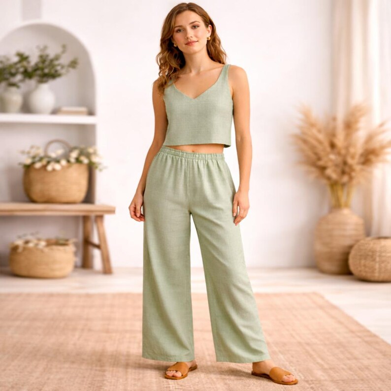 Linen Lounge Set Sewing Pattern, Top and Pants Pattern Bundle, Wide Leg ...